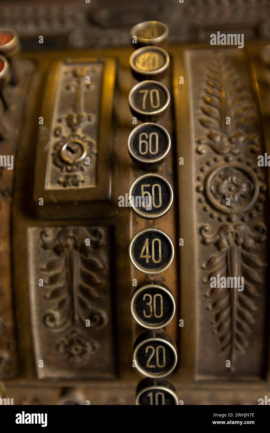 Old Cash Register in close up shot. Antique style cashier register with ...