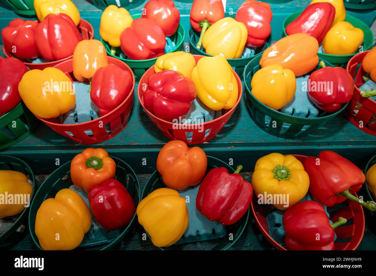 Fresh peppers and vegetables on display at a open air market Stock ...