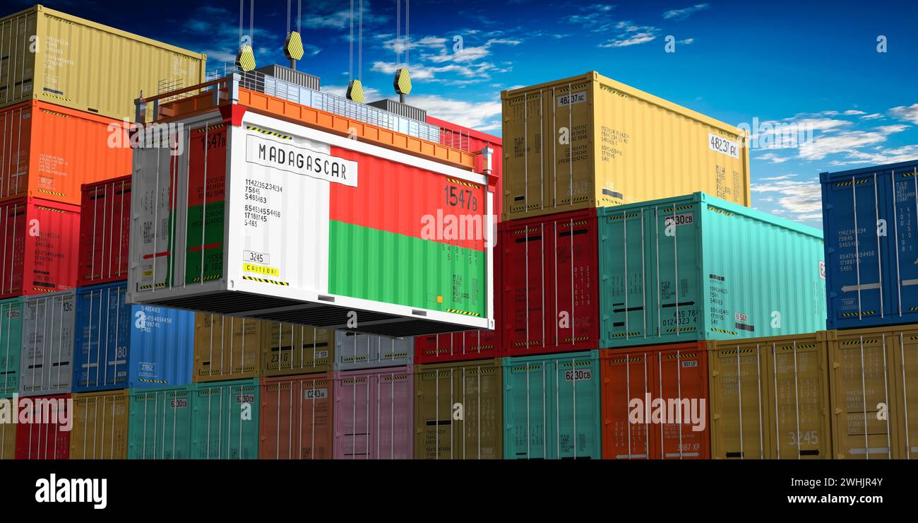 Freight shipping container with flag of Madagascar on crane hook - 3D ...