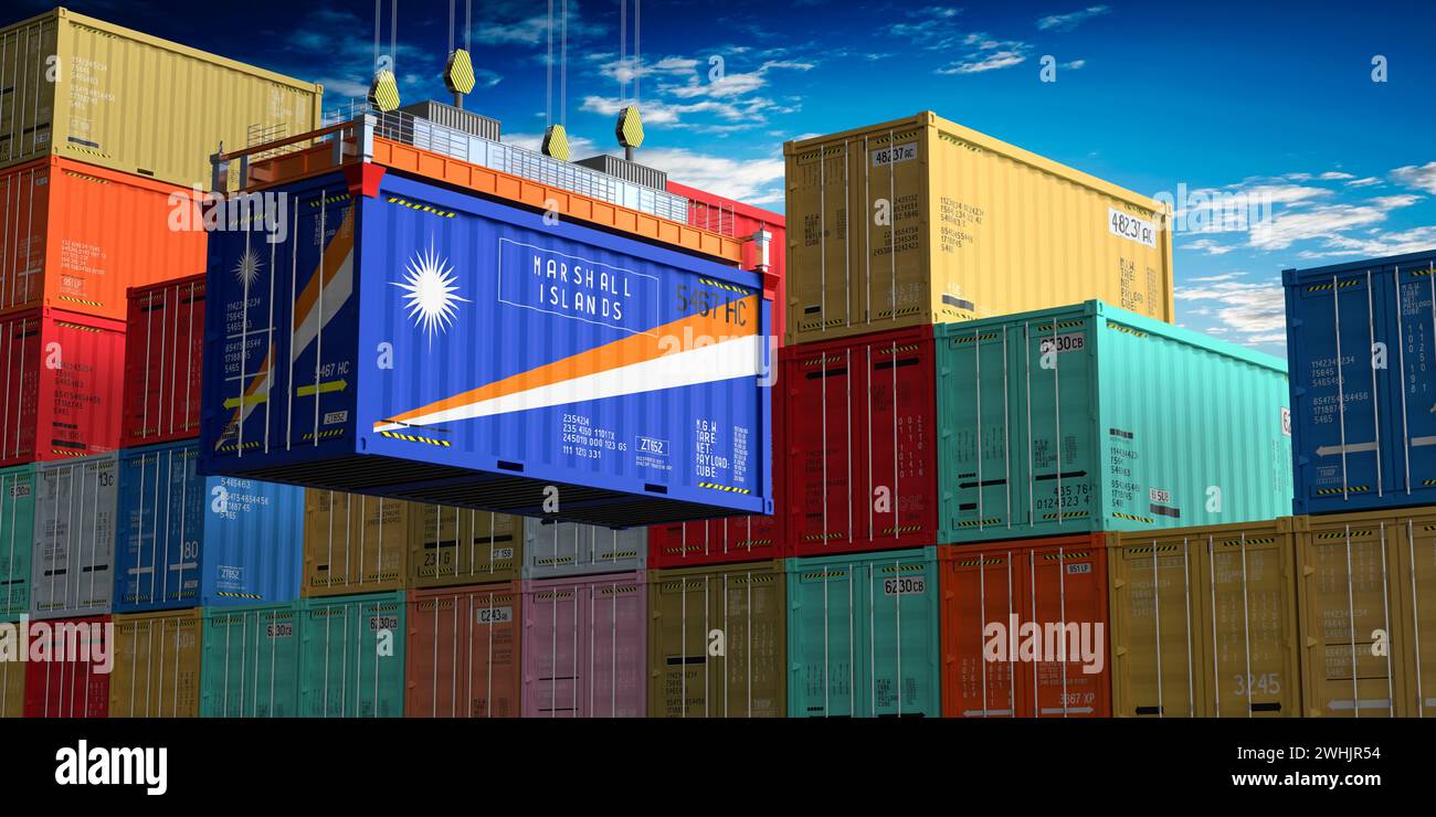 Freight shipping container with flag of Marshall Islands on crane hook - 3D illustration Stock ...