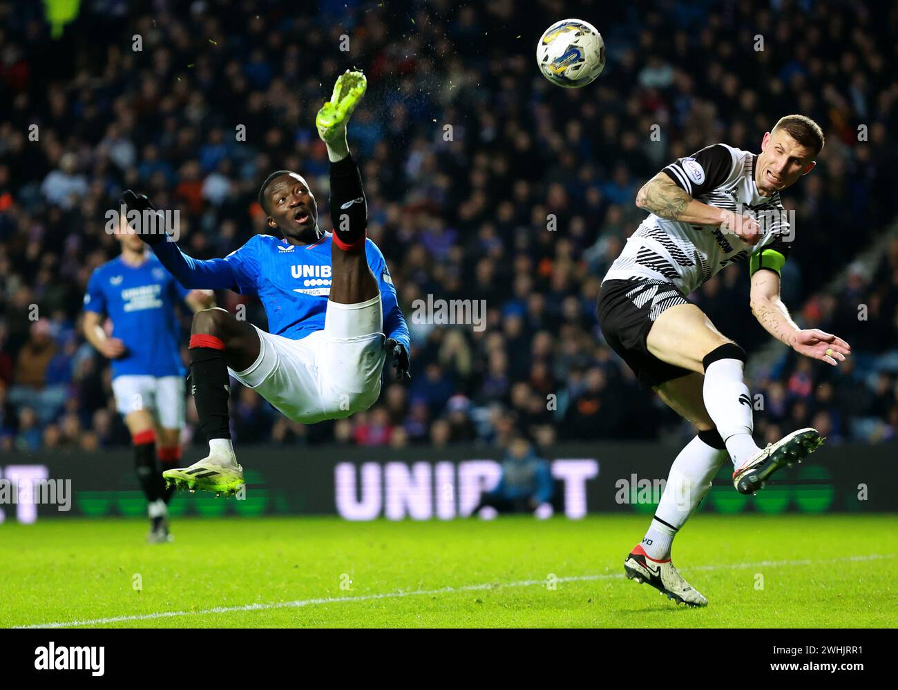 Rangers' Mohammed Diomande attempts an overhead kick at goal during the ...