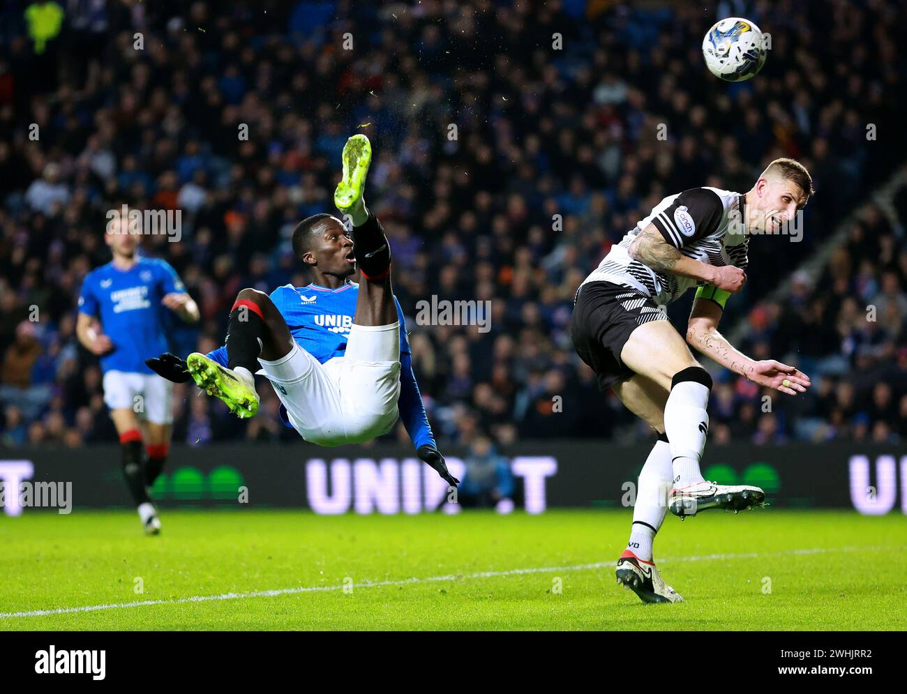 Rangers' Mohammed Diomande attempts an overhead kick at goal during the ...
