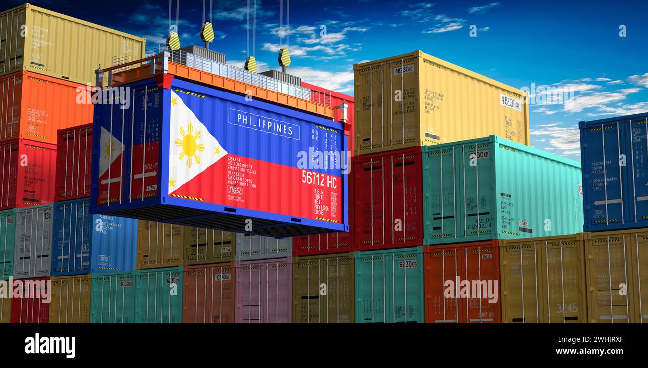Freight shipping container with flag of Philippines on crane hook - 3D ...