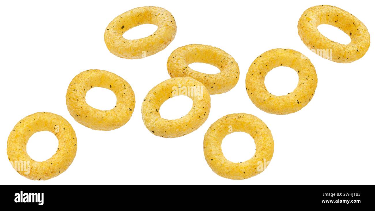 Falling crispy onion rings isolated on white background Stock Photo - Alamy
