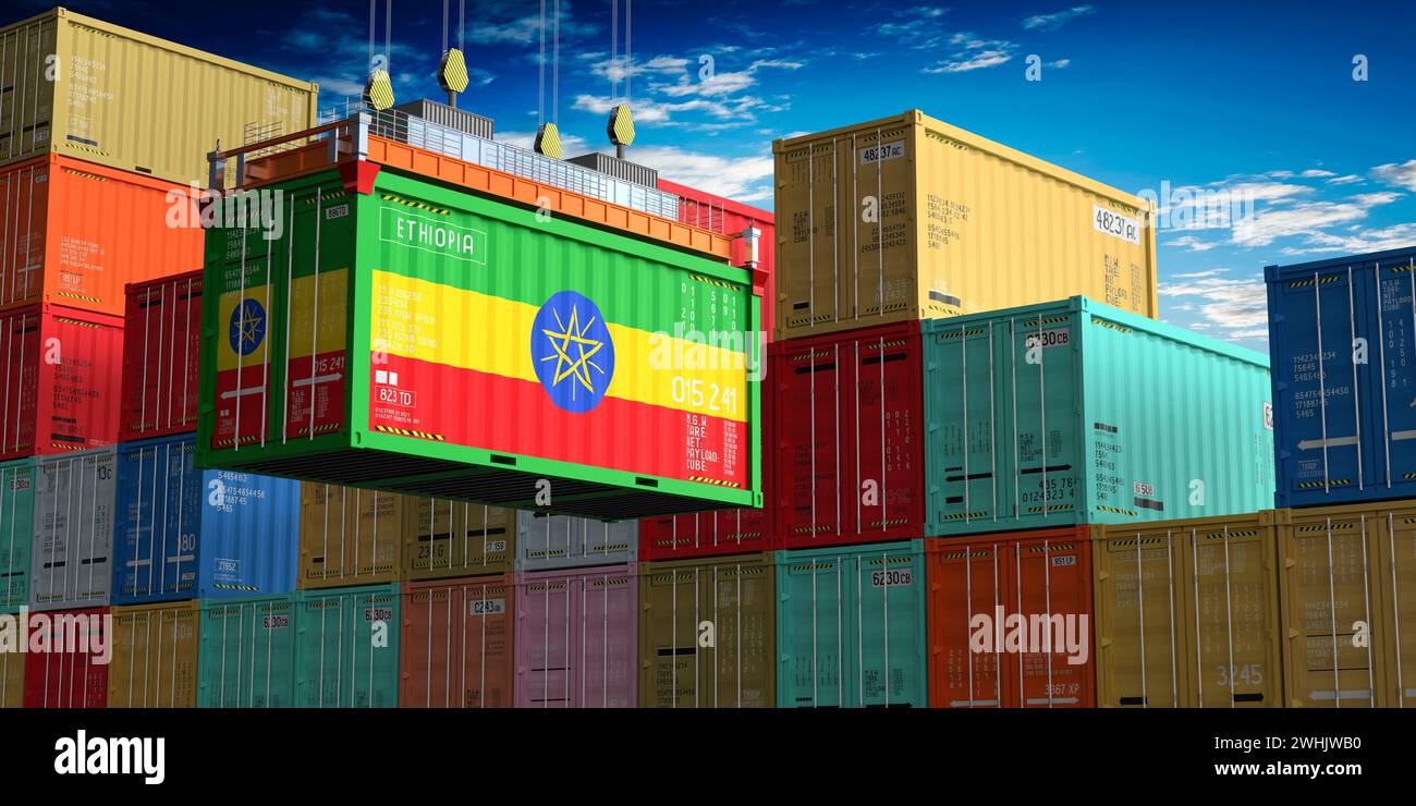 Freight shipping container with flag of Ethiopia on crane hook - 3D illustration Stock Photo - Alamy