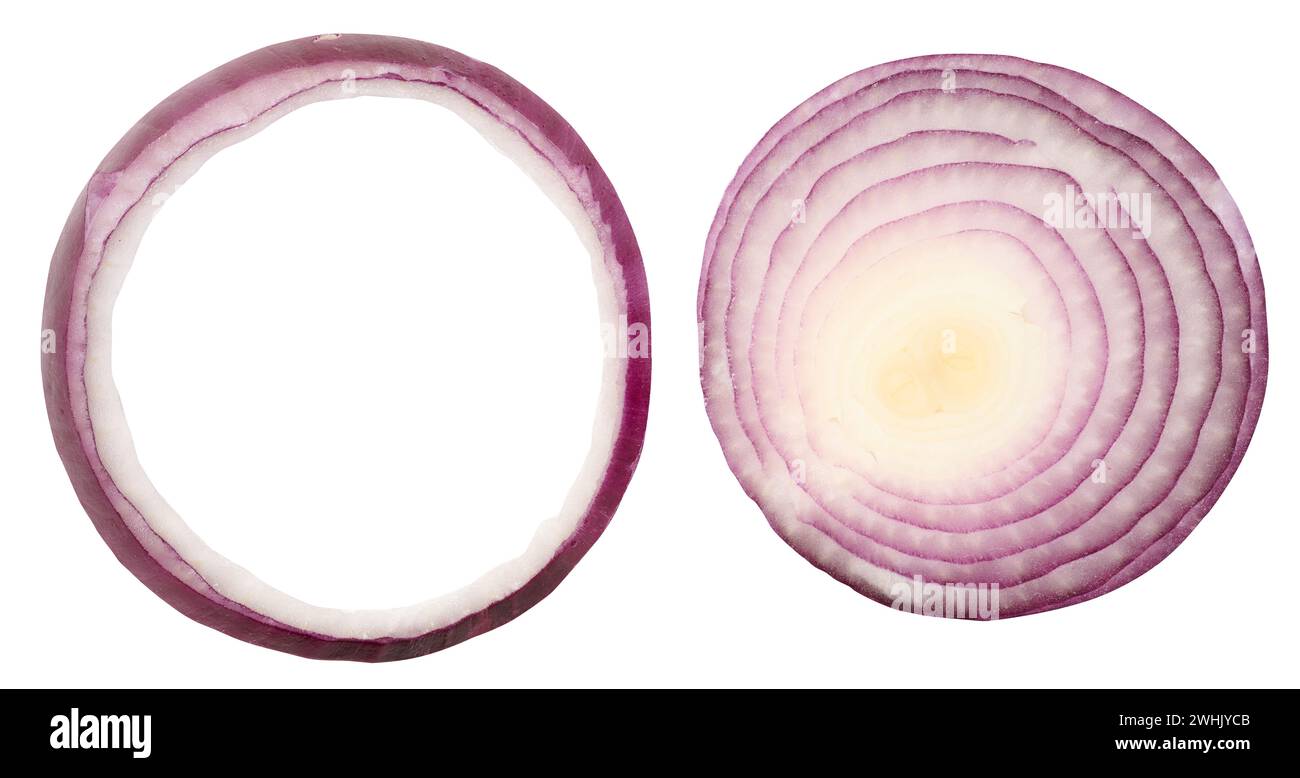 Sliced red onion rings, vegetable isolated on white background, set ...