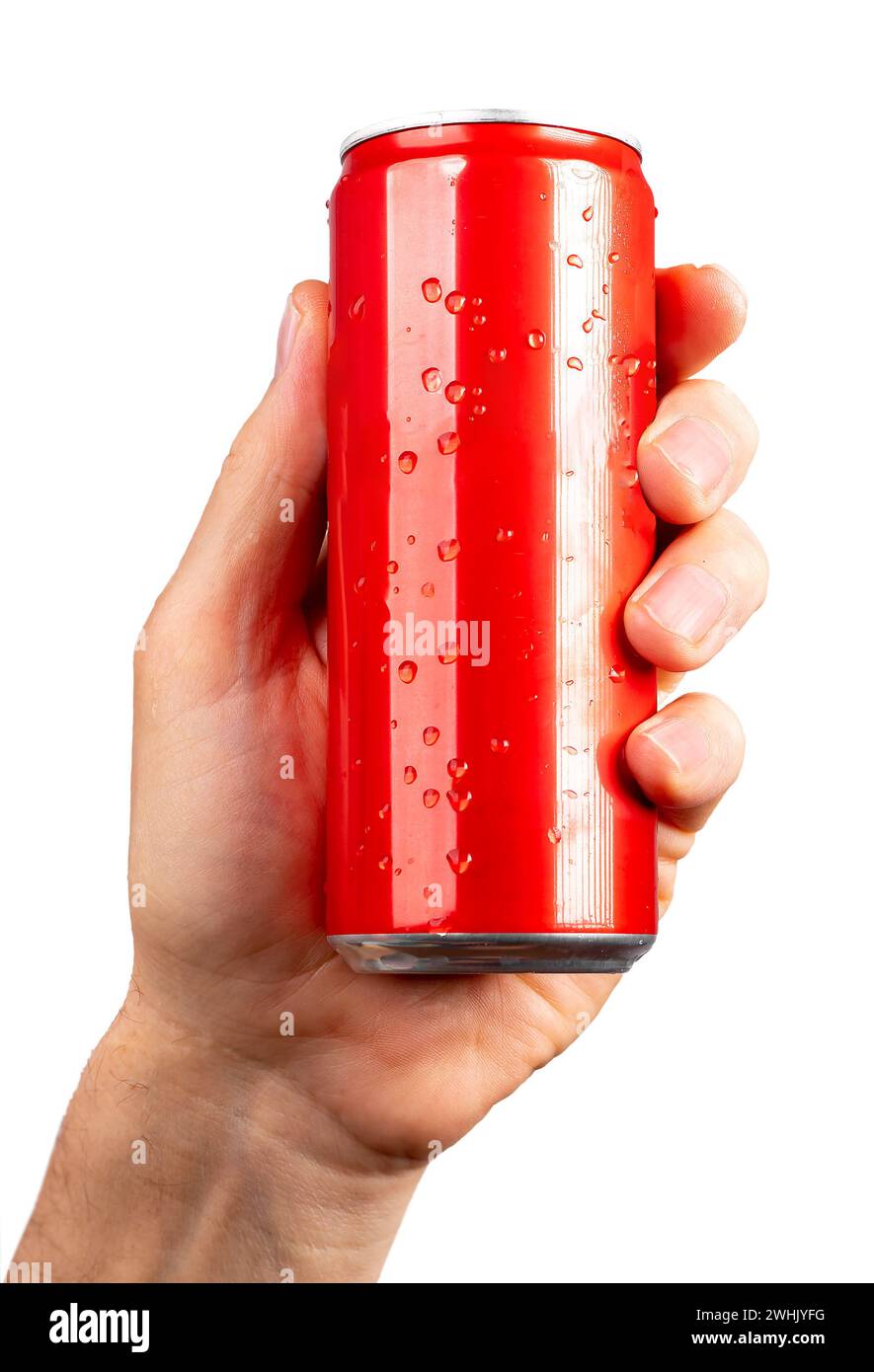 Red metal can, tin bottle in hand. Drink jar, metallic pack isolated on ...