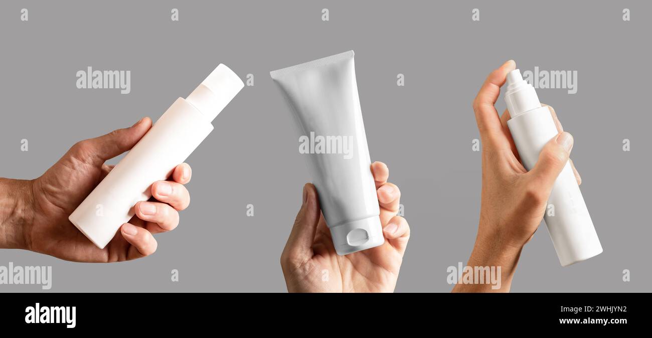 White blank cream tube, spray lotion bottle, cosmetic pack mockups in ...