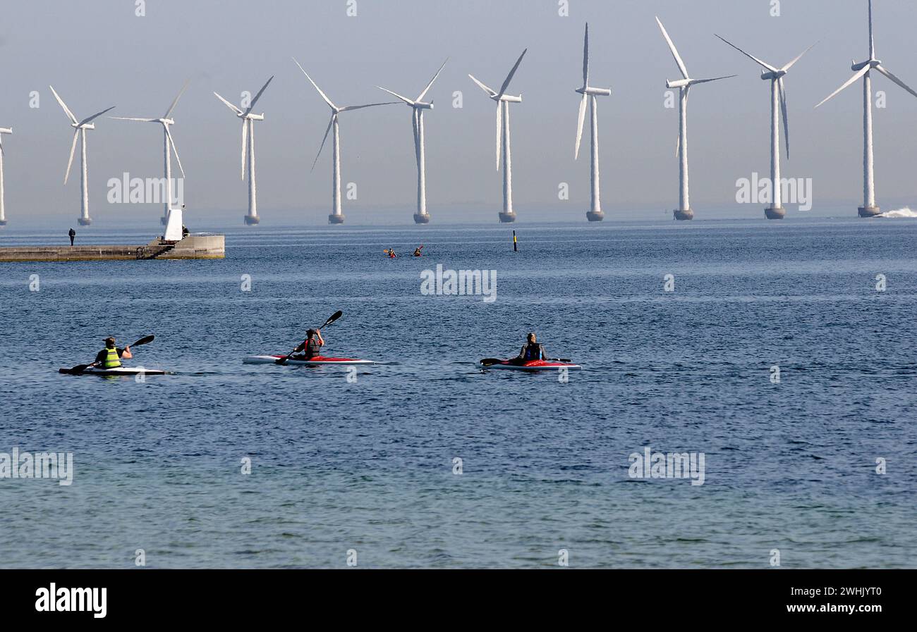 Copenhagen/Denmark 06.May 2018 Wind turnines park in danish water ...