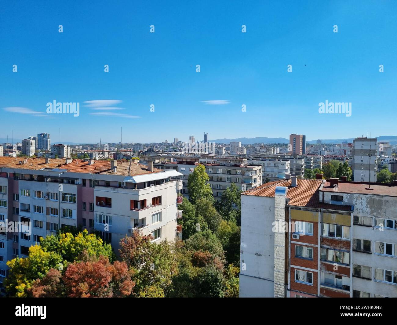 An aerial view of residential buildings in Sofia city, Bulgaria on a ...