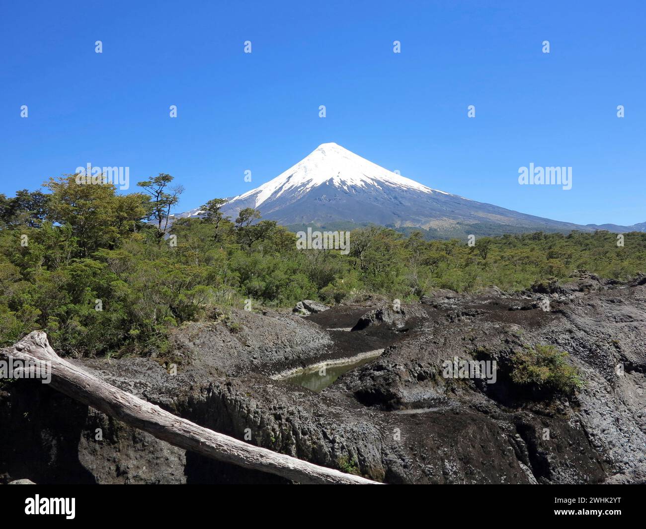 The Petrohue Falls and Osorno Volcano with its snow peak in Puerto ...
