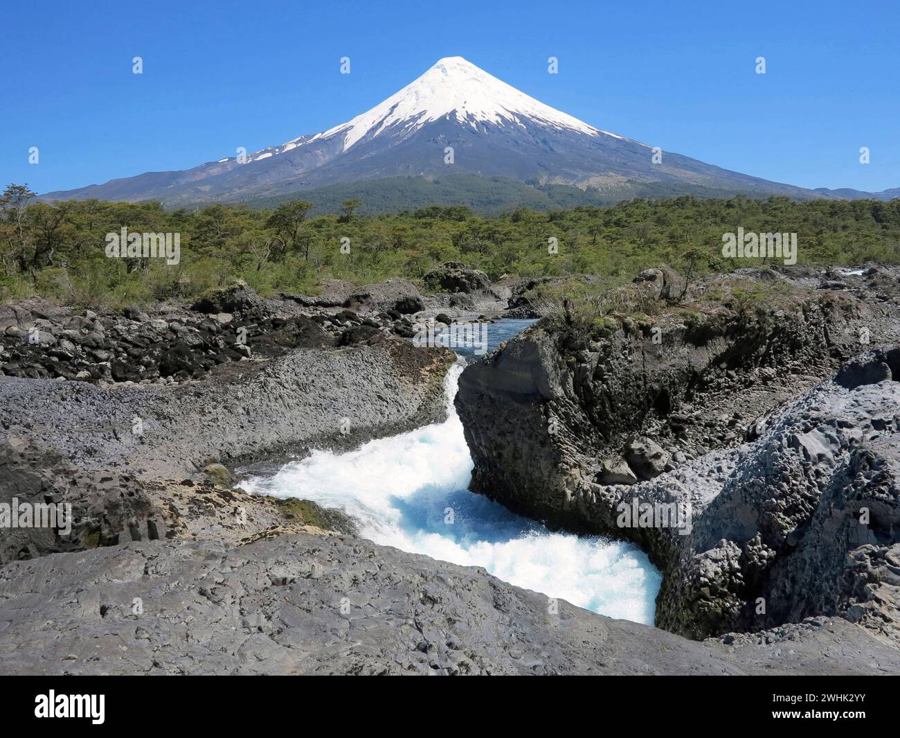 The Petrohue Falls and Osorno Volcano with its snow peak in Puerto ...