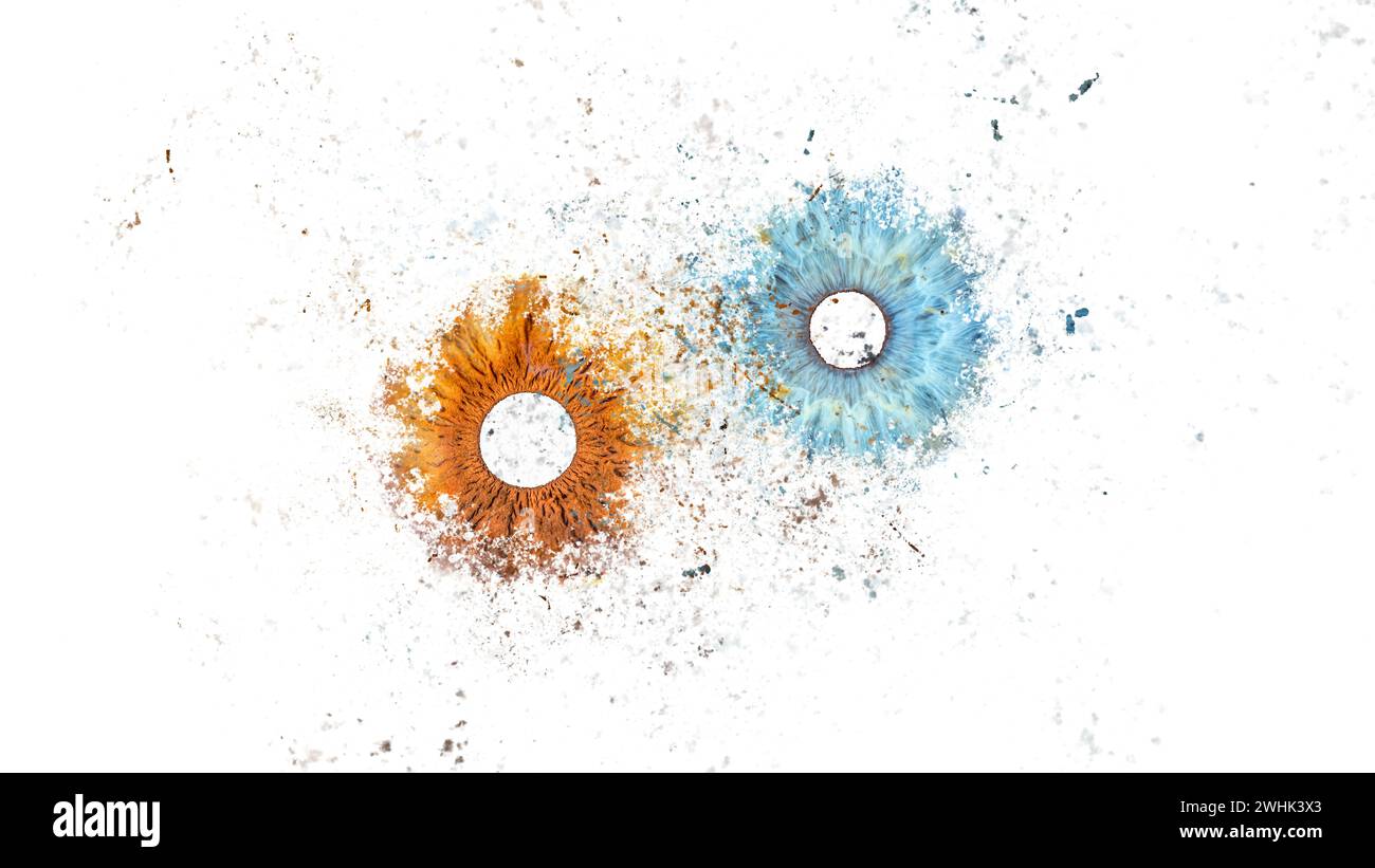 Description: Galaxy explosion effect of human eyes colliding on white ...