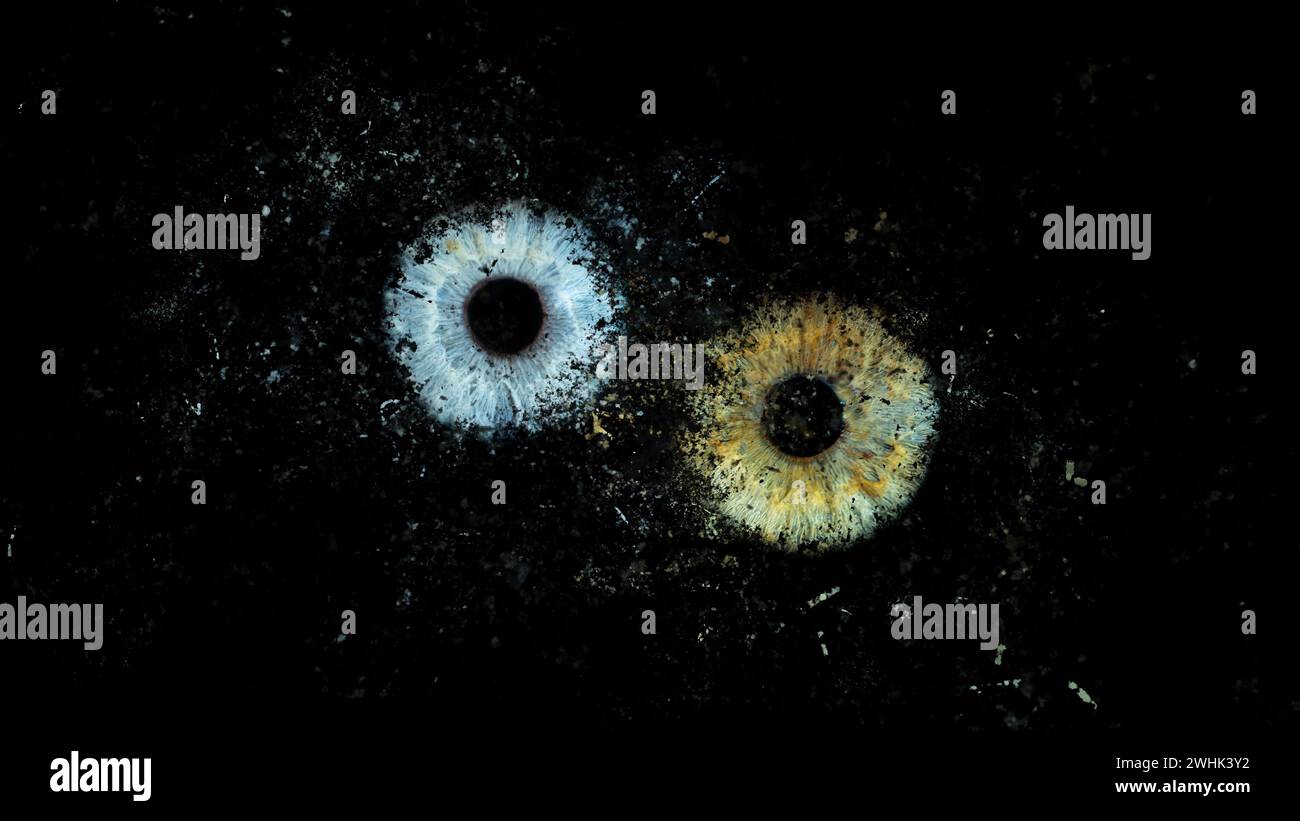 Description: Galaxy explosion effect of human eyes colliding on black ...