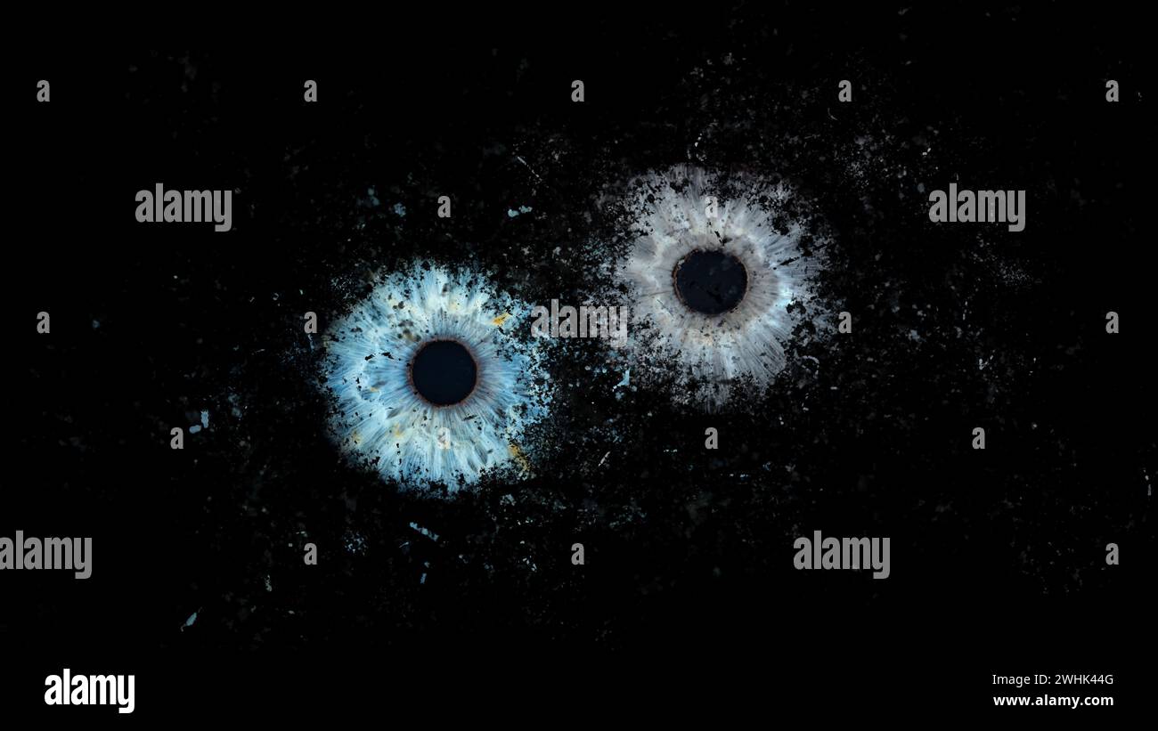 Description: Galaxy explosion effect of human eyes colliding on black ...