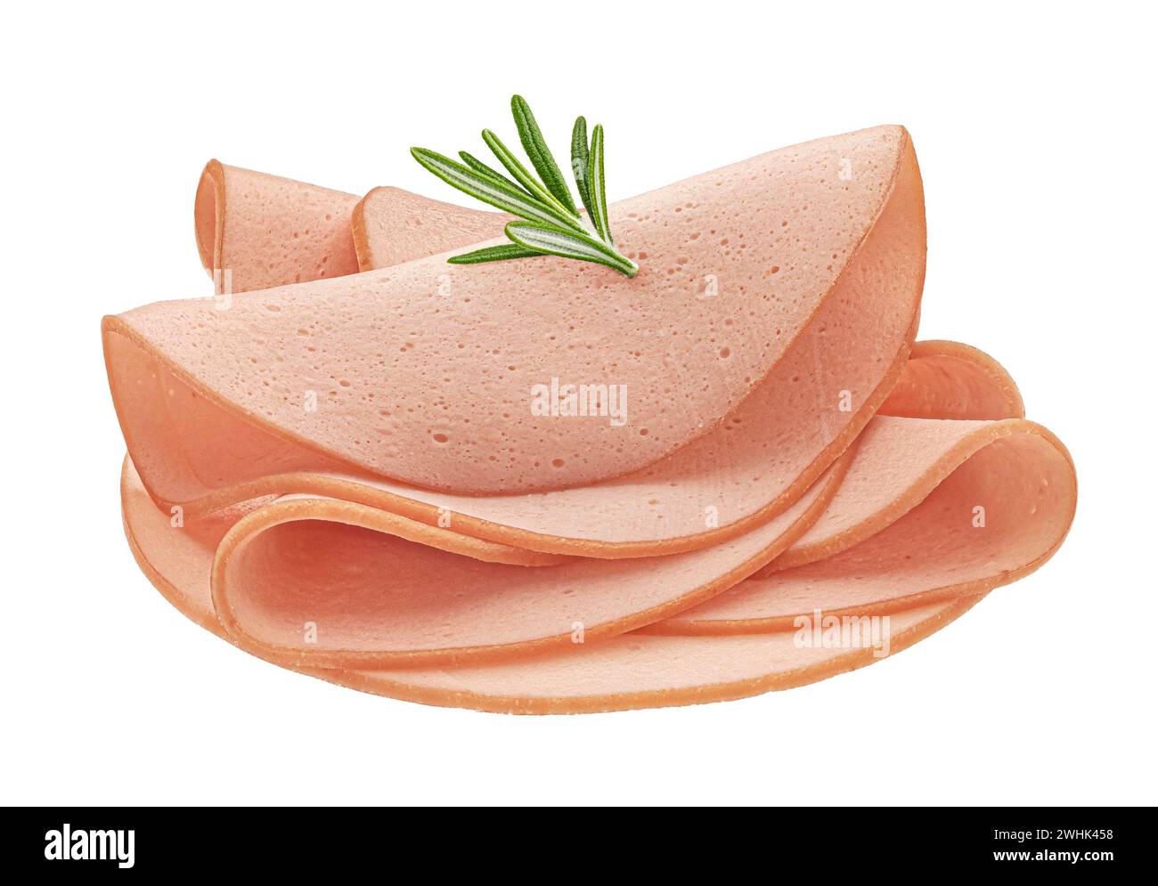 Boiled ham sausage slices isolated on white background, full depth of ...