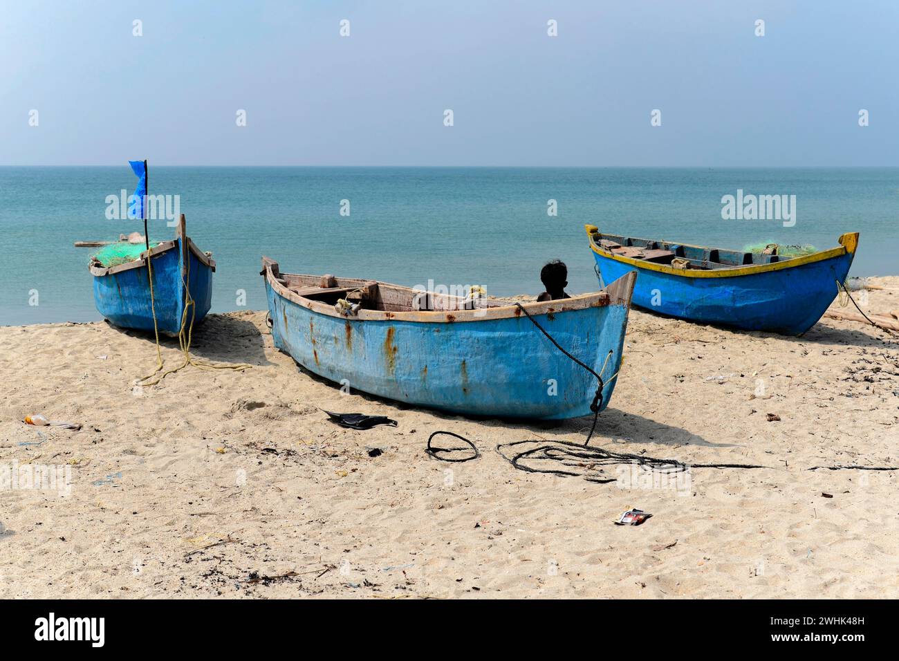 Fishing boats on the beach of Kovalam, Malabar coast, Malabar, Kerala ...