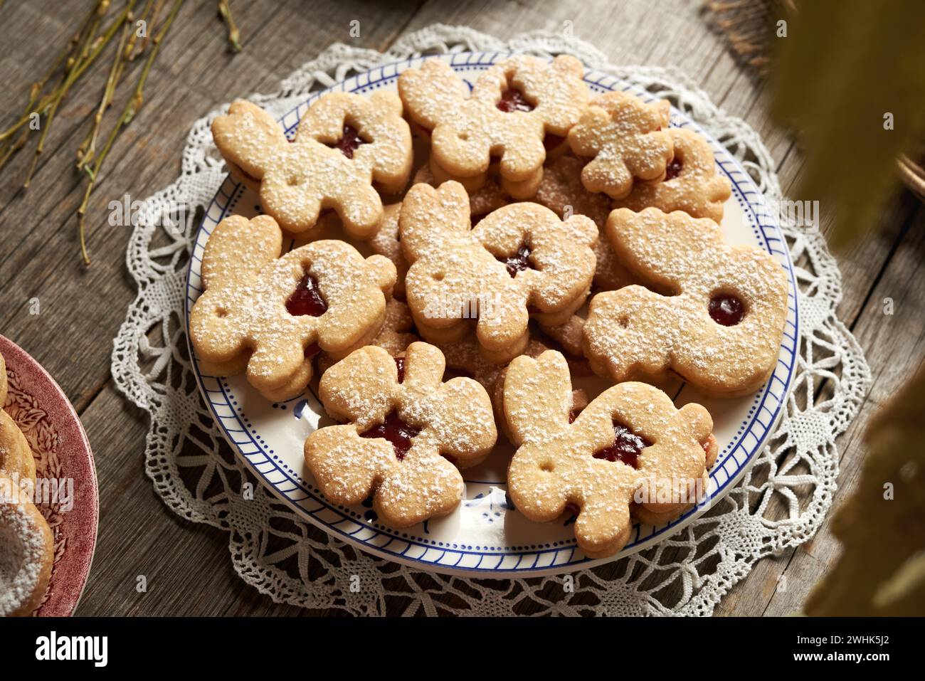 Linzer cookies in the shape of Easter bunnies, chicken and four leaf ...