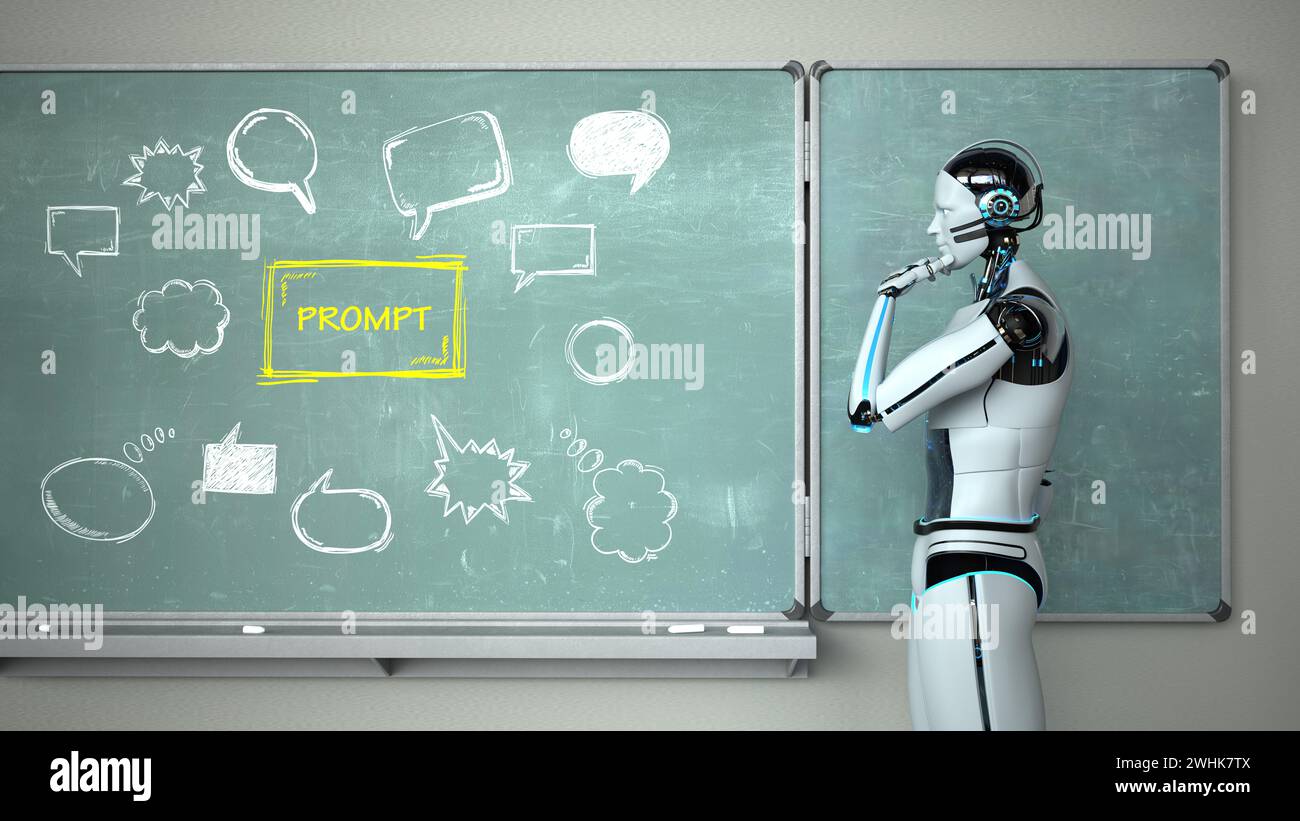 Humanoid robot as a teacher with the chalk board an the text Prompt. 3d ...