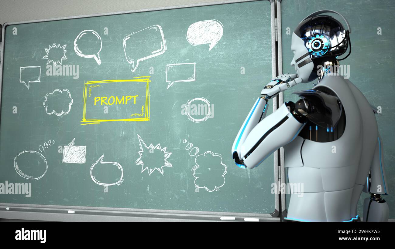 Humanoid robot as a teacher with the chalk board an the text Prompt. 3d ...