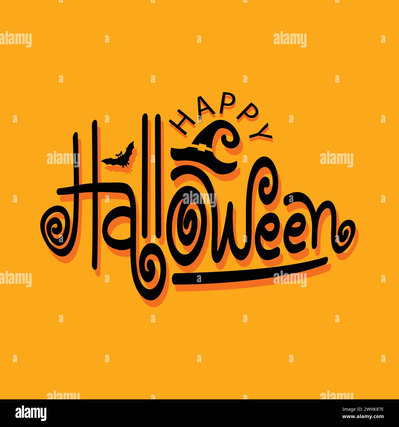 Happy Halloween typography with vector Halloween hat, bat on orange ...