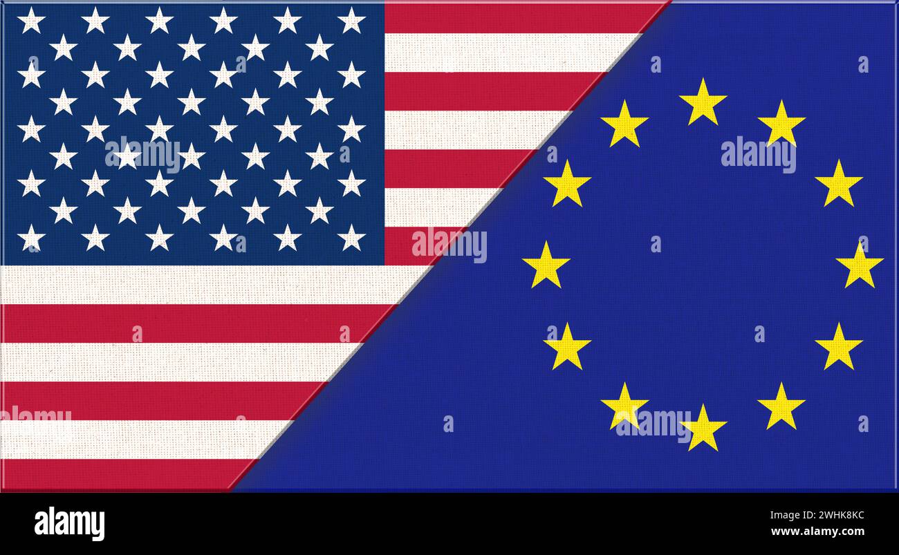 Flag of USA and European Union. American and EU flags on fabric texture ...