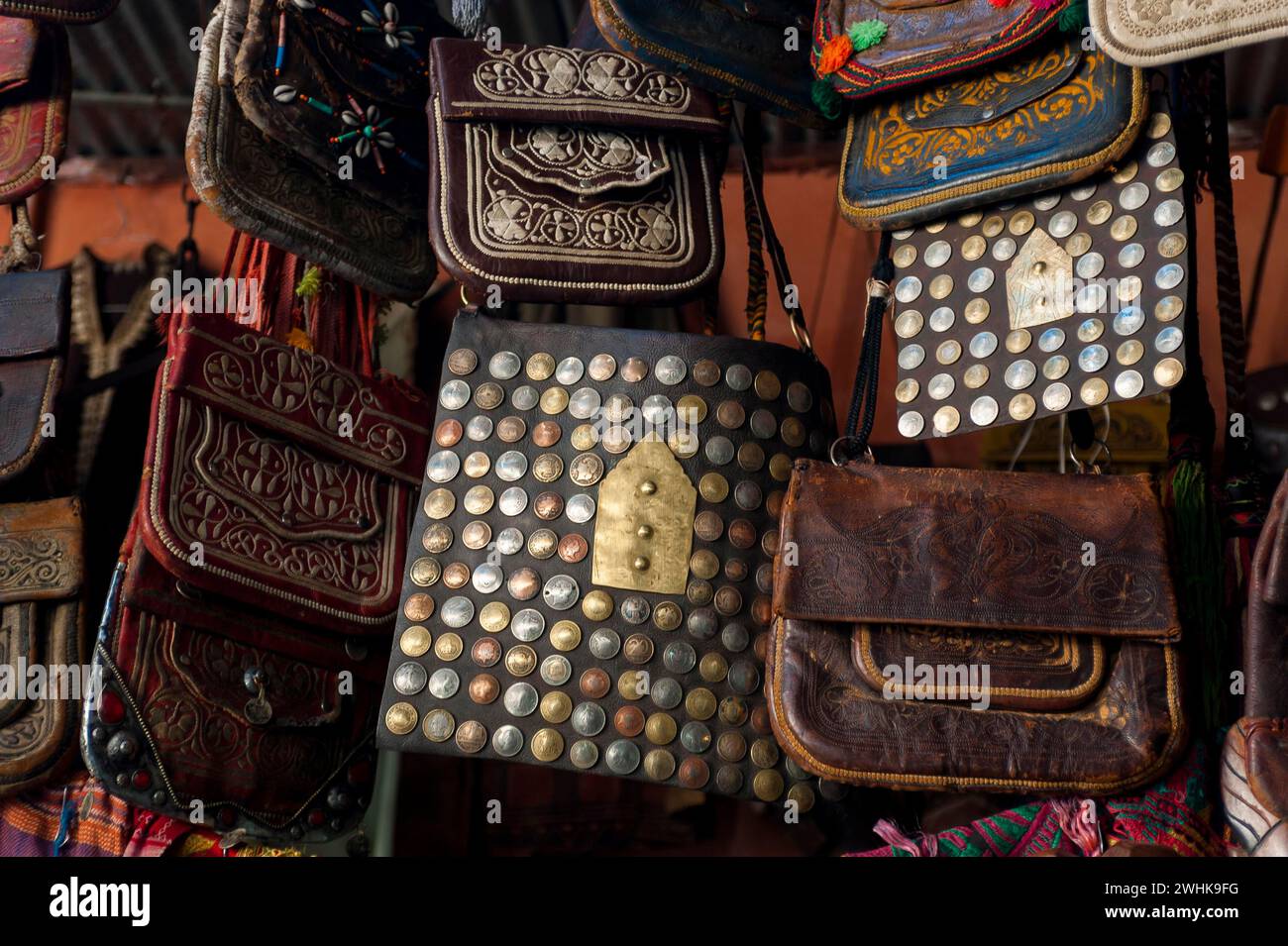 Traditional leather bags in the medina, handicrafts, oriental, bag shop ...