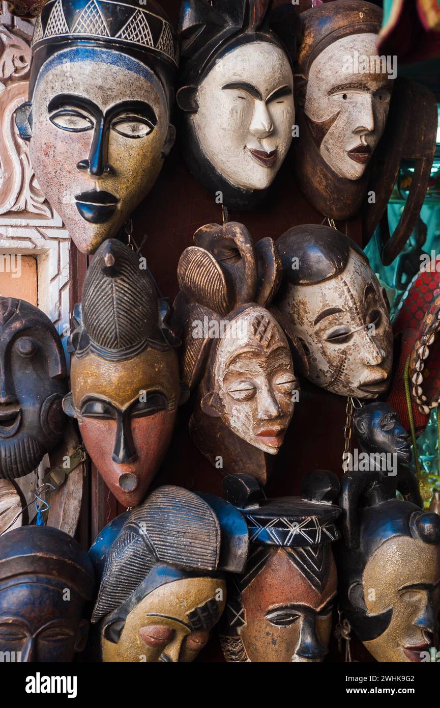 Traditional masks in the medina, faces, handicrafts, oriental, folklore ...
