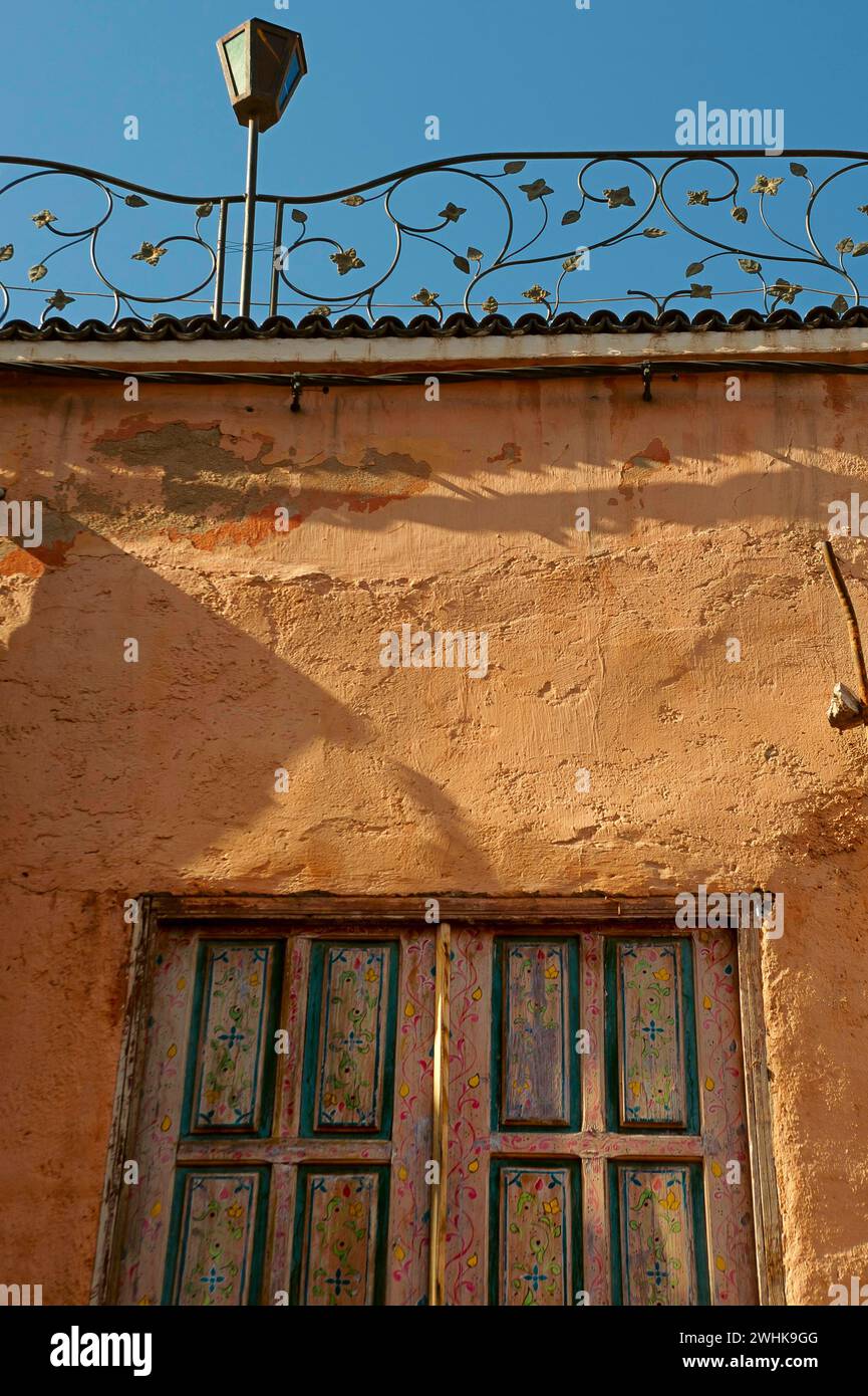 House wall with clay plaster, window and roof terrace, detail, building ...