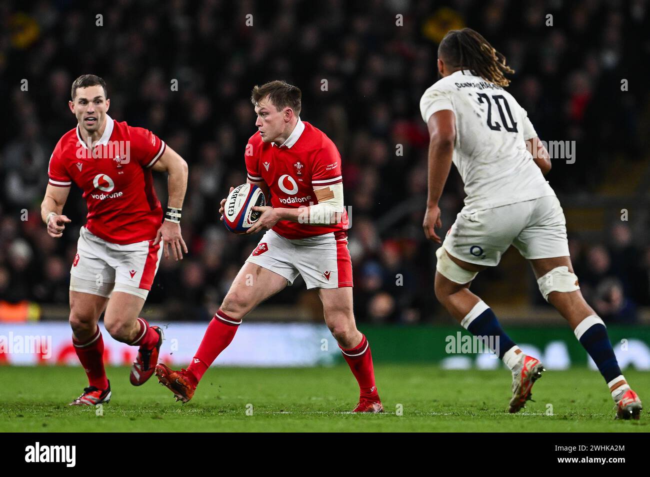 Nick Tompkins of Wales makes a break during the 2024 Guinness 6 Nations ...