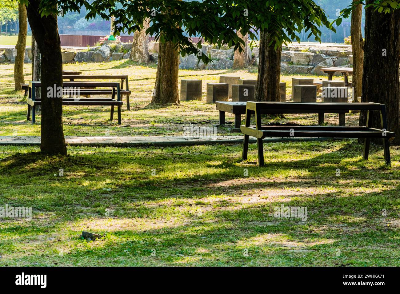 Wooden picnic tables in a wooded public park in South Korea Stock Photo ...