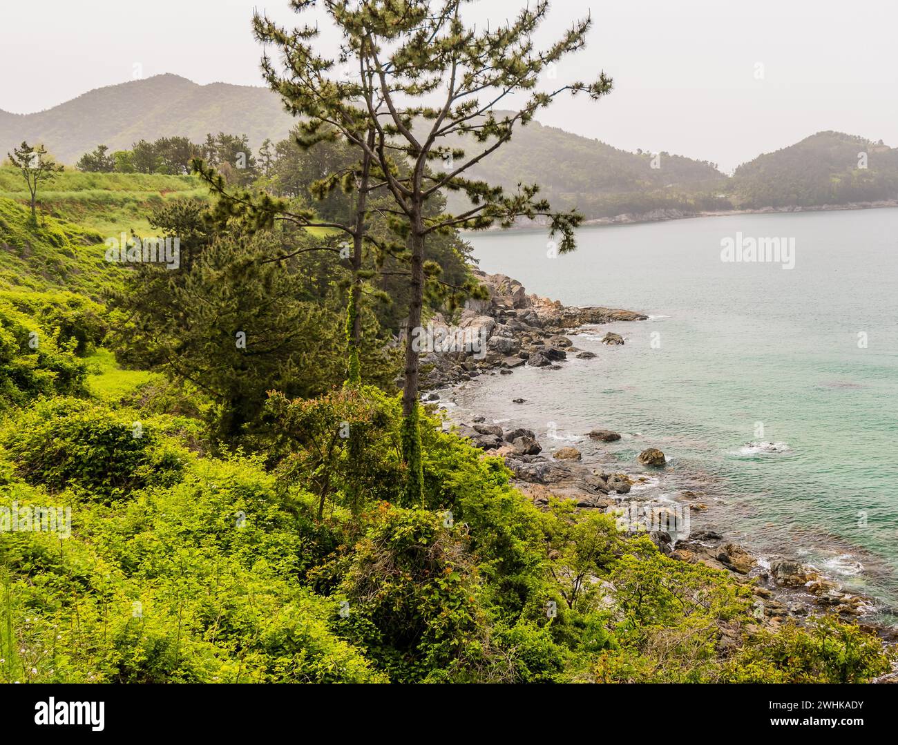 Landscape of ocean shoreline with small mountains in the background and ...
