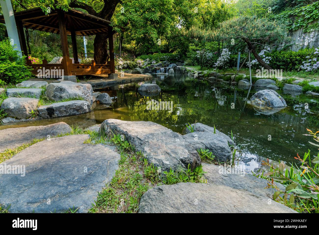 Landscape of a wooden gazebo next to a small pond with a small ...
