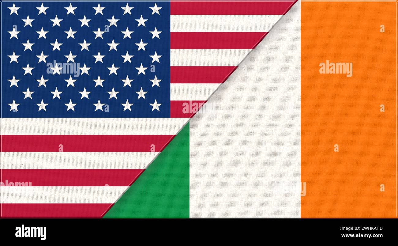 Flag of USA and Ireland. American and Irish flags on fabric texture ...