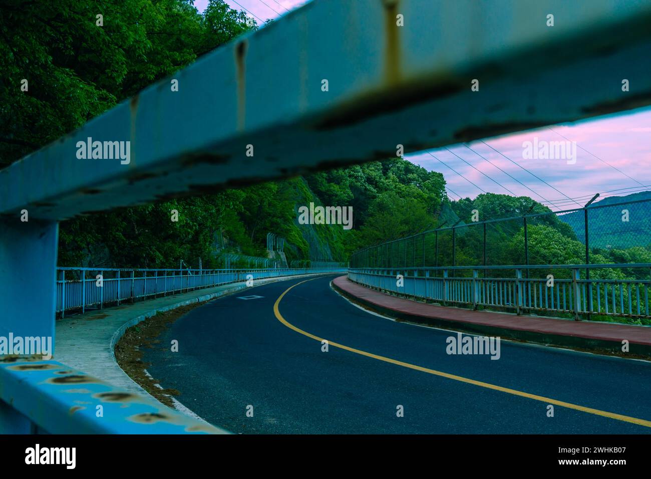 Mountain road with chain link fence and lush green trees framed through ...