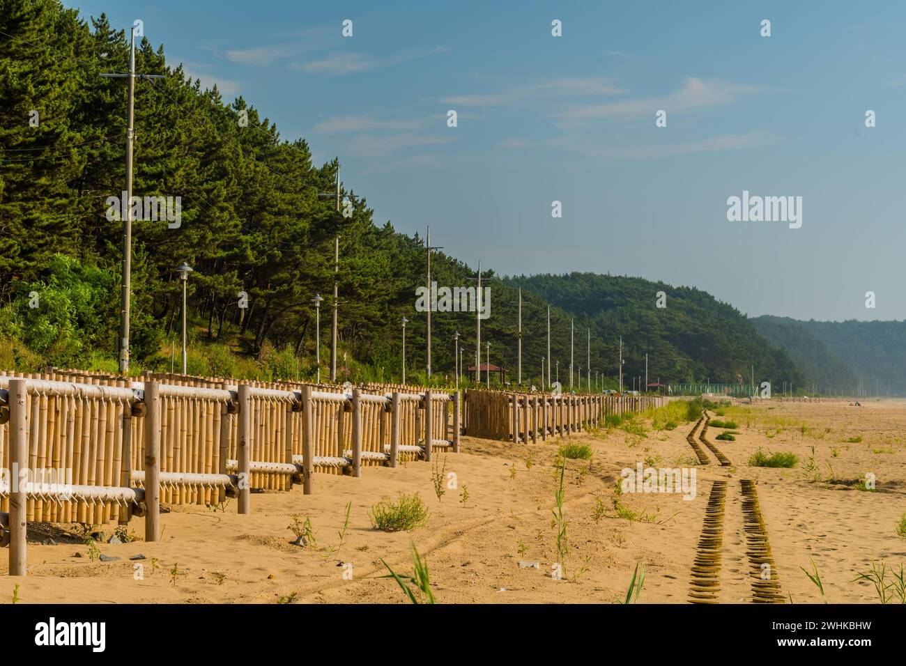 Wooden fence and walking path on beach in South Korea under beautiful ...