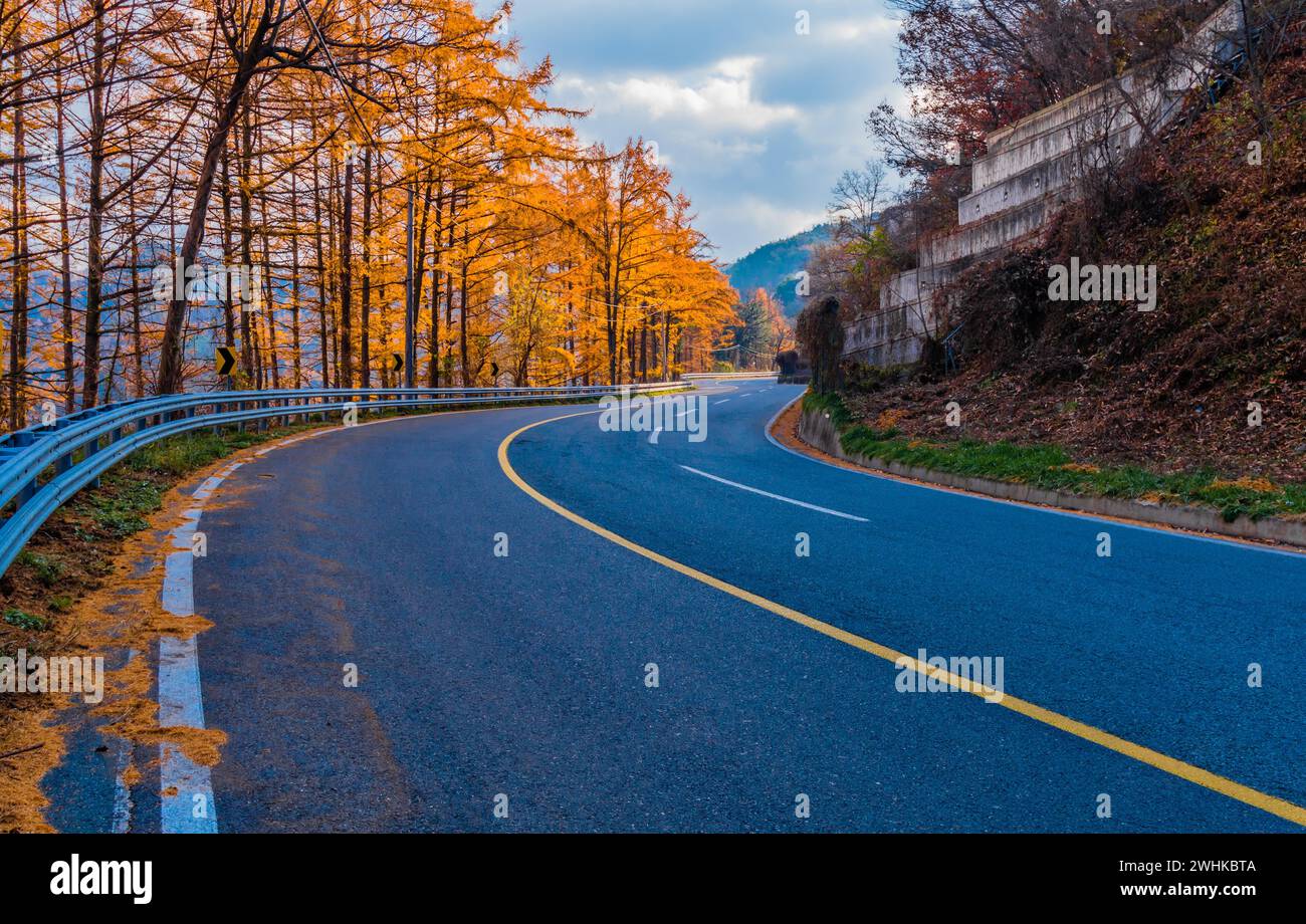 Three lane mountain road with slower traffic lane lined with trees in ...