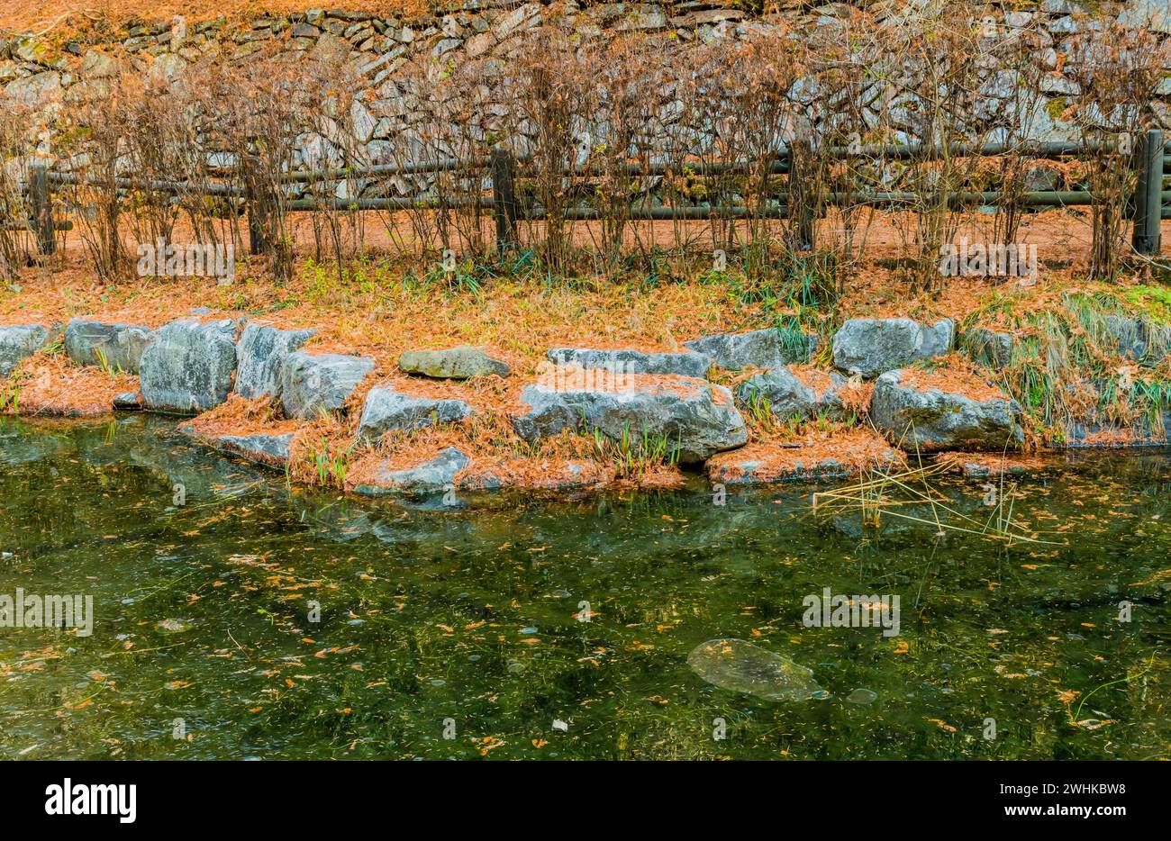 Boulders on shoreline of small frozen pond with wooden railing fence ...