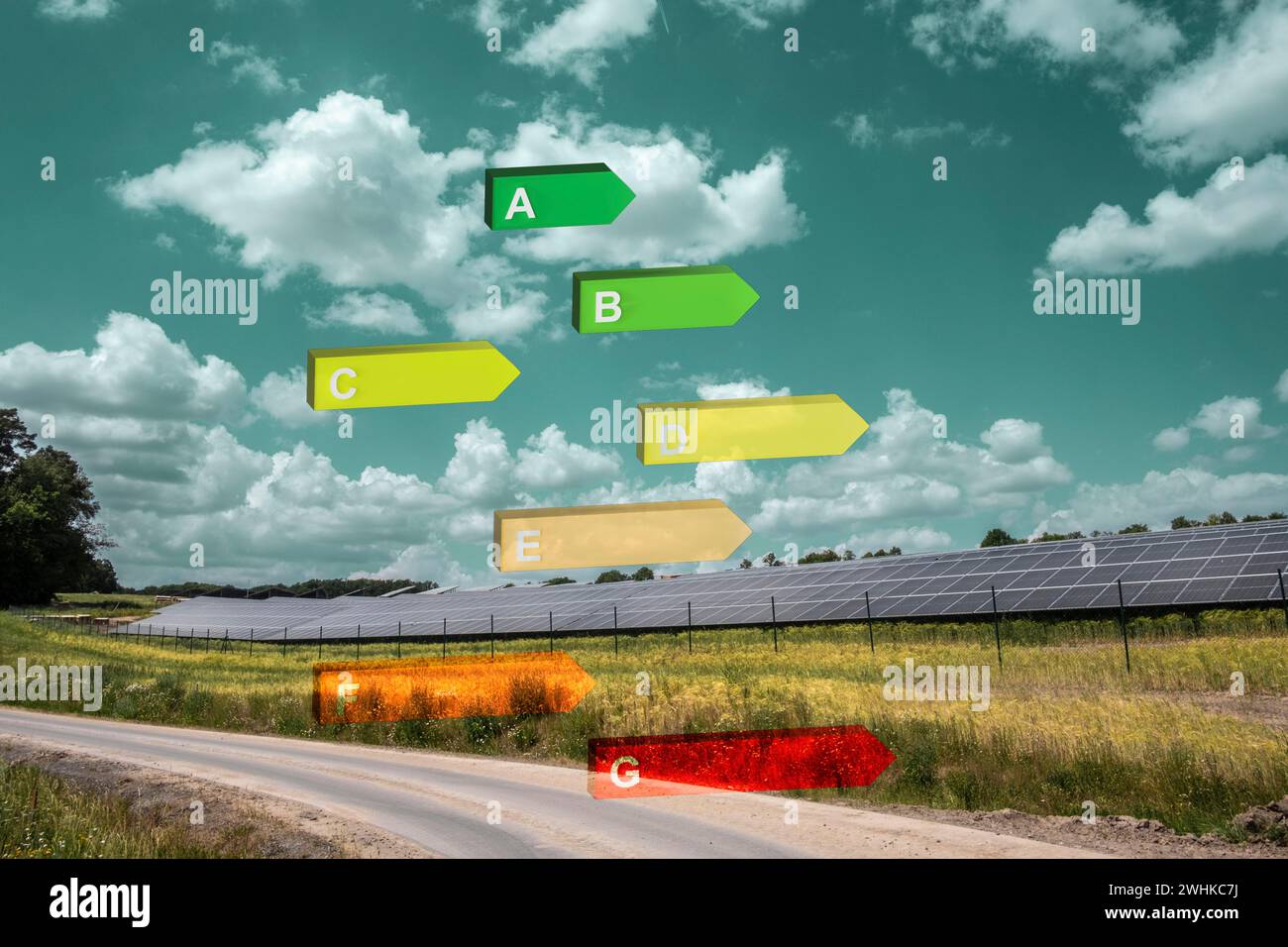 Solar panel system with EU energy label, symbolic image Stock Photo - Alamy
