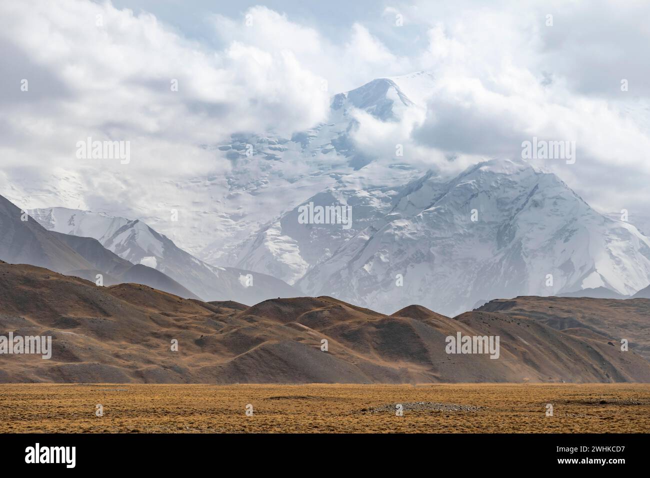 Glaciated, cloud-covered mountain peaks and golden meadows, Lenin Peak ...