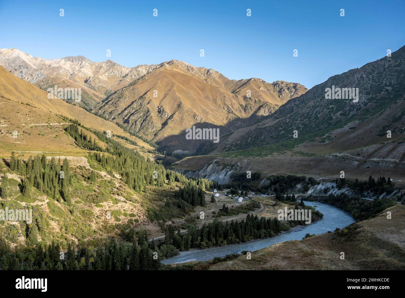 Naryn River with yurts and mountain panorama, confluence of the Kichi ...