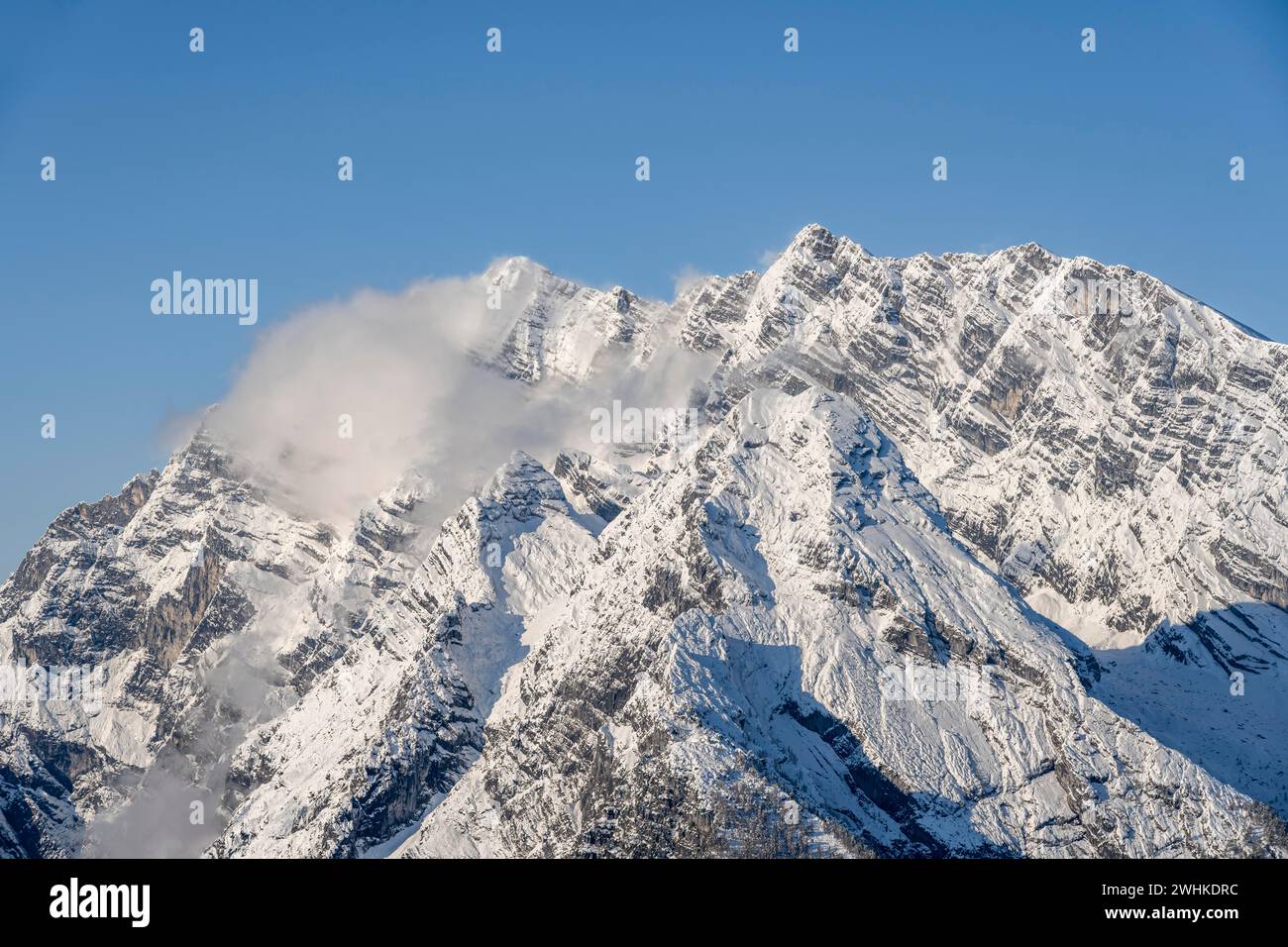 Watzmann summit, Watzmann ridge with snow and wispy clouds, from Jenner ...