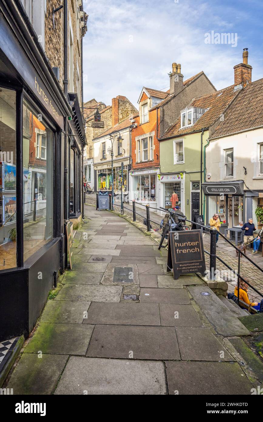 Independent shops on Catherine Hill in Frome seen from Paul street ...