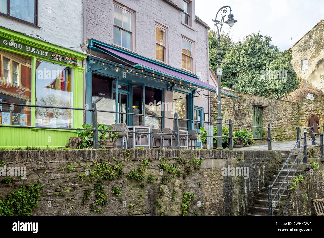 View looking up at The High Pavement Restaurant on Paul Street in Frome ...