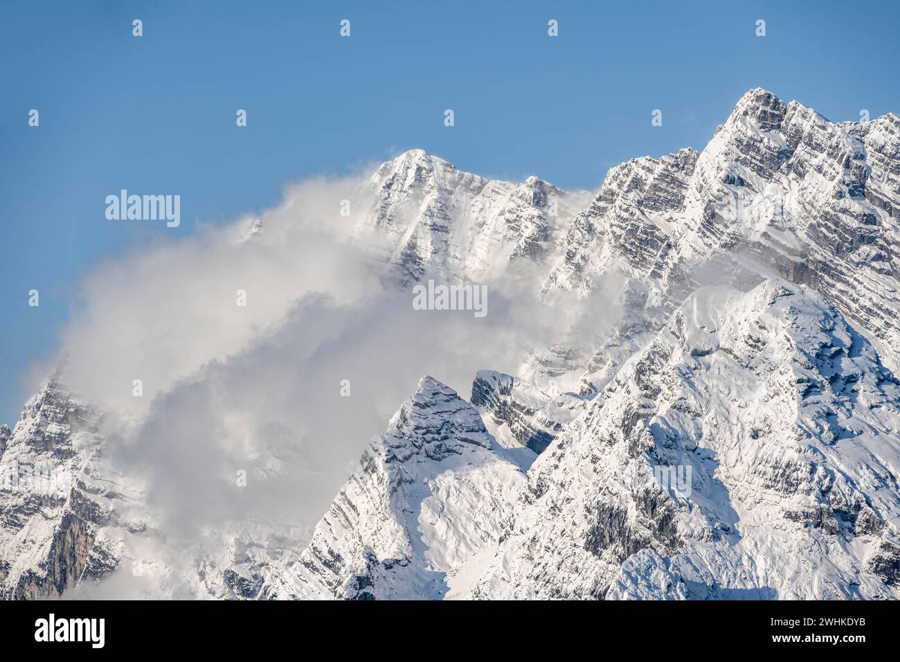 Watzmann summit, Watzmann ridge with snow and wispy clouds, from Jenner ...