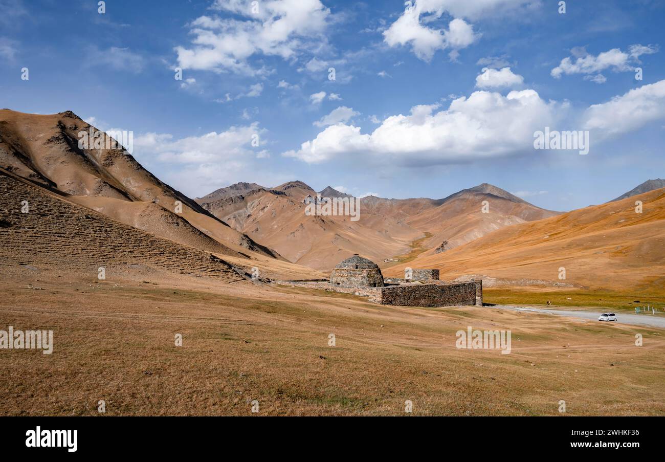 Historic caravanserai Tash Rabat from the 15th century, with yellow ...