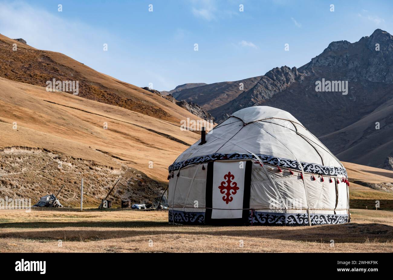 Yurts with yellow hills, Atbashy district in the Naryn region ...