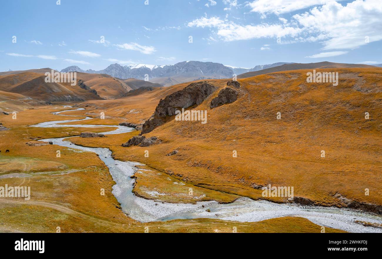 River Kol Suu winds through a mountain valley with hills of yellow ...