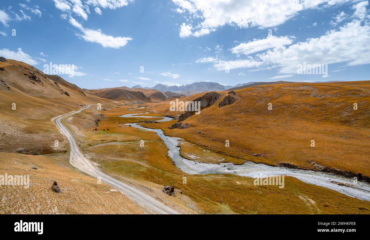 River Kol Suu winds through a mountain valley with hills of yellow ...