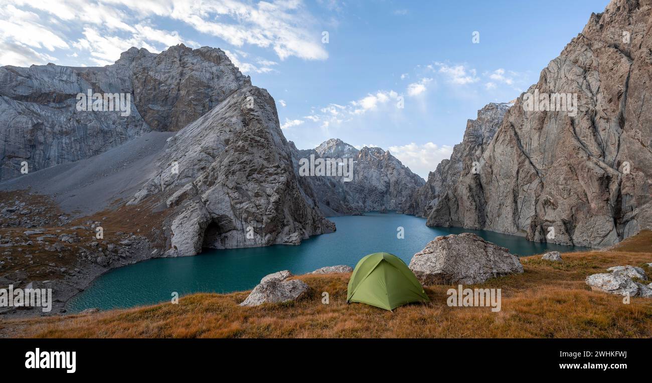 Wild camping, camping in the wilderness with a tent in front of ...